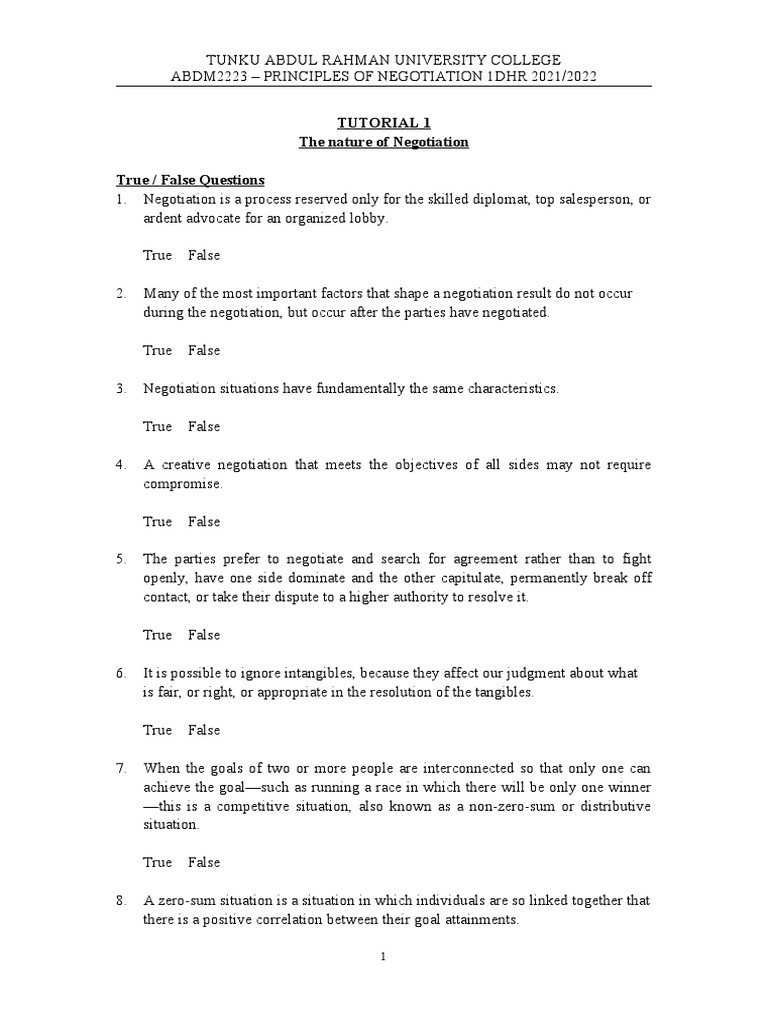 Tutorial Questions Student ABDM2223 | PDF | Negotiation | Bargaining