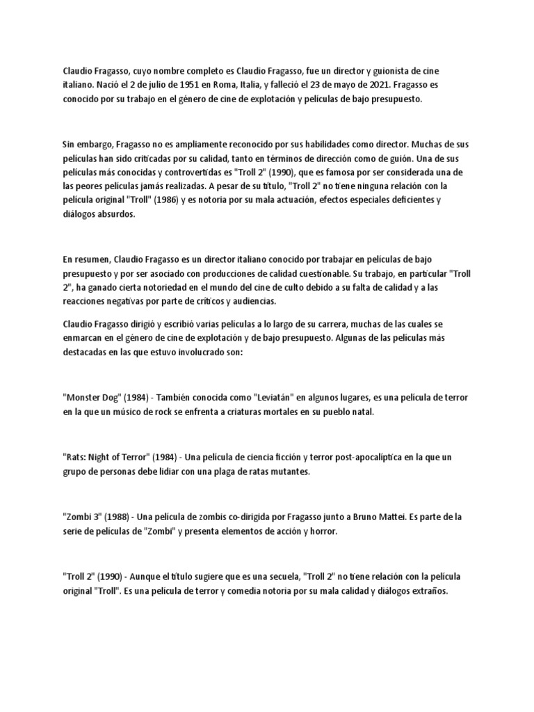 Claudio Fragasso: Cine de Culto y Explotación | PDF | Películas de ...