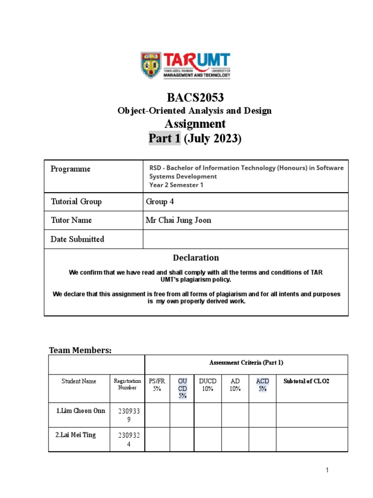BACS2053 Object-Oriented Analysis and Design Assignment | PDF | Teaching Methods & Materials