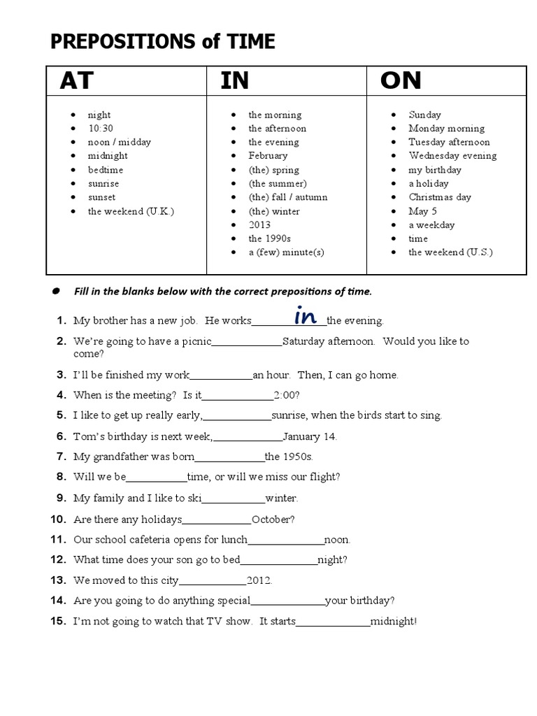 Prepositions Of Time Worksheet