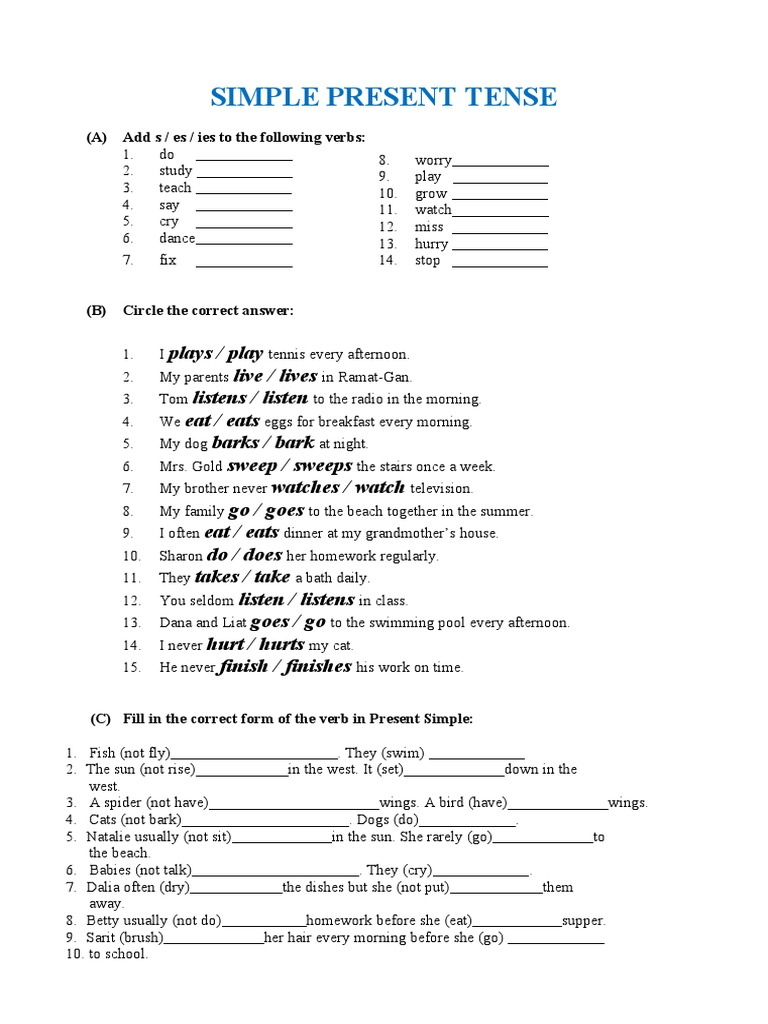 Present Tense Add S Es Ies To The Following Verbs | PDF | Foreign ...