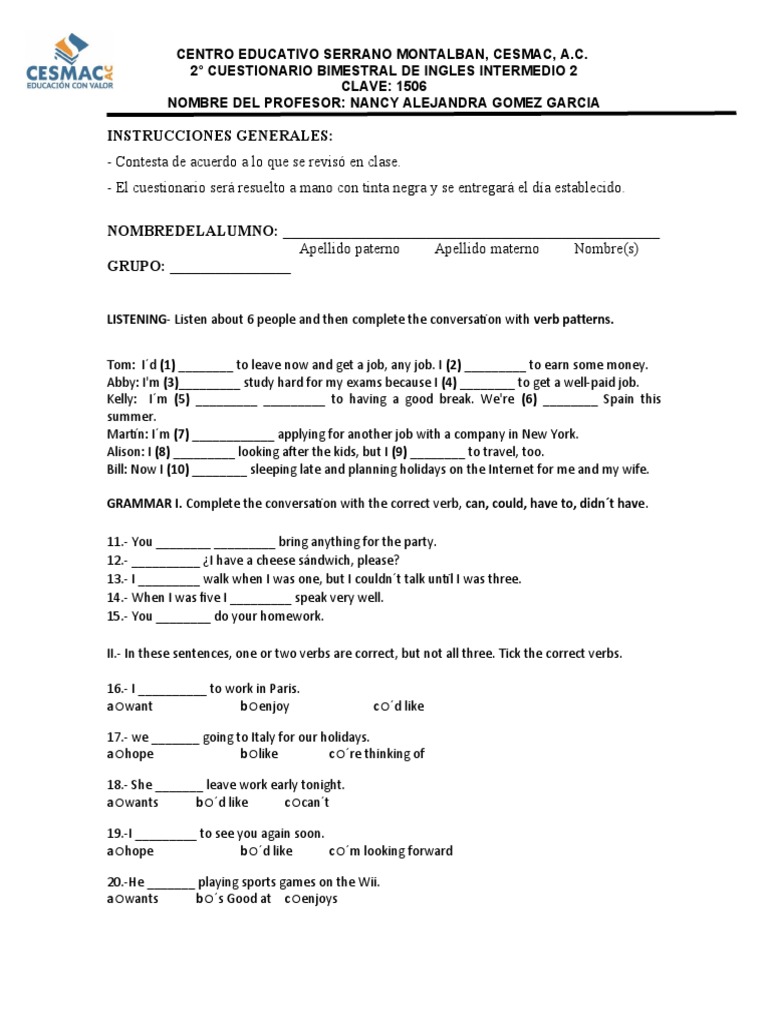 Inglés Intermedio 2 3er Bim | PDF | Linguistic Morphology | Cognitive ...