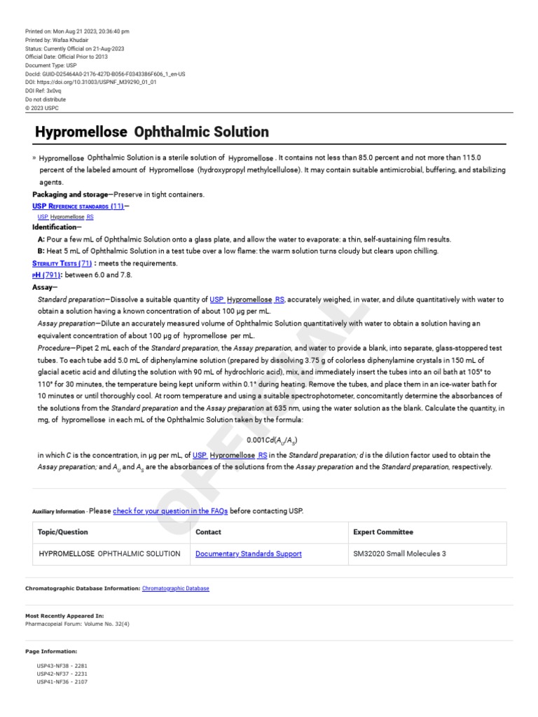 USP-NF Hypromellose Ophthalmic Solution | PDF