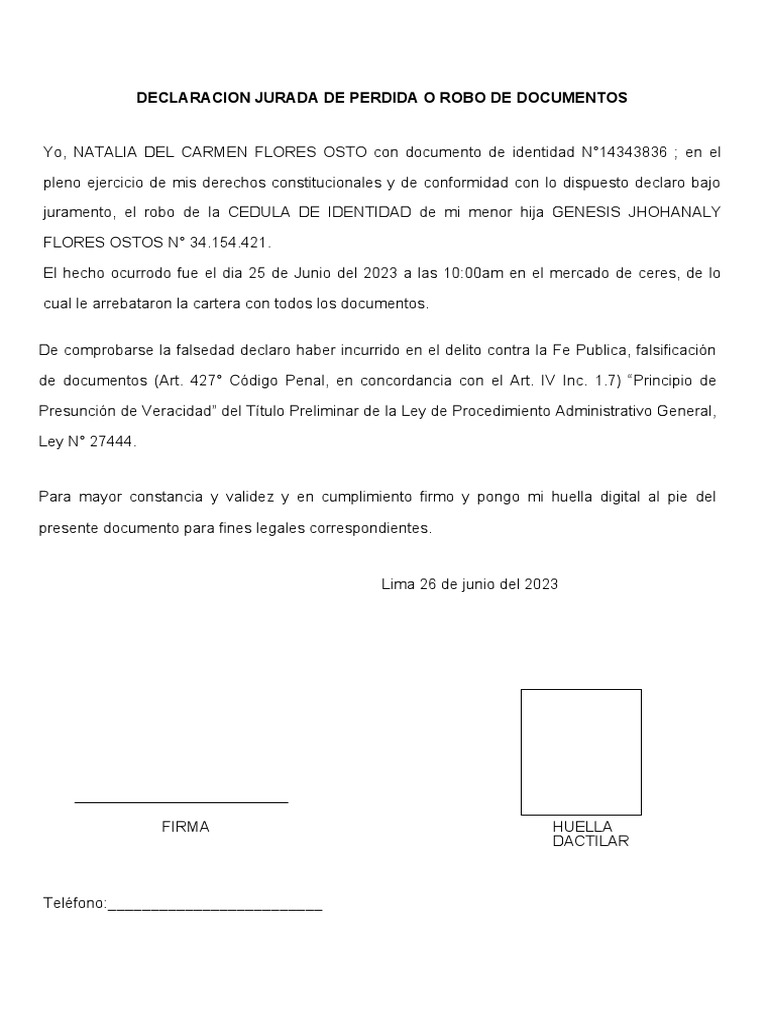Carta de Declaracion Jurada de Robo | PDF