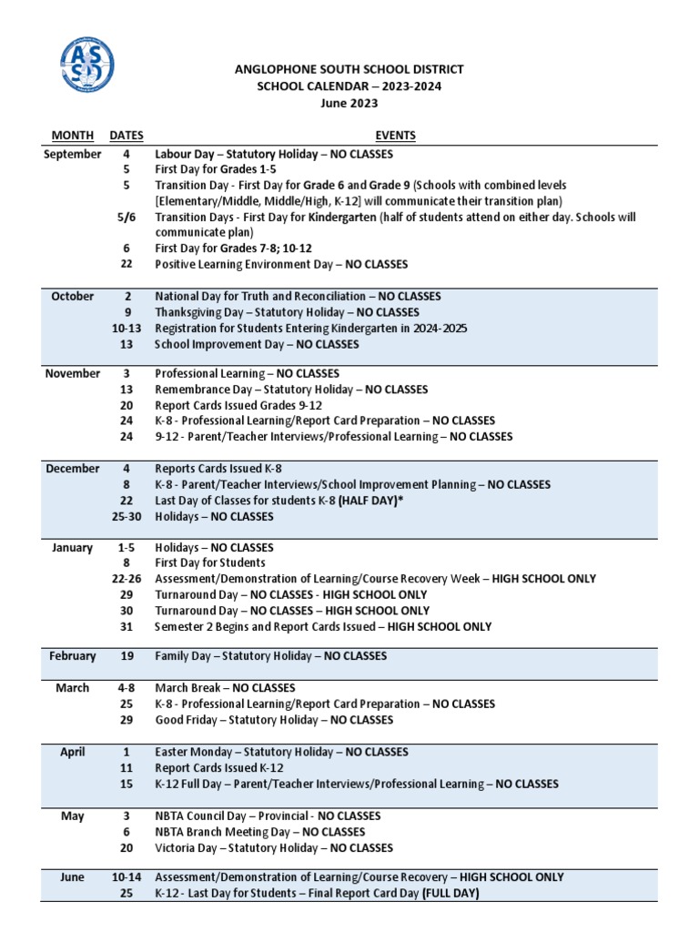 Anglophone South School Calendar 2023 24 Pdf Academic Term
