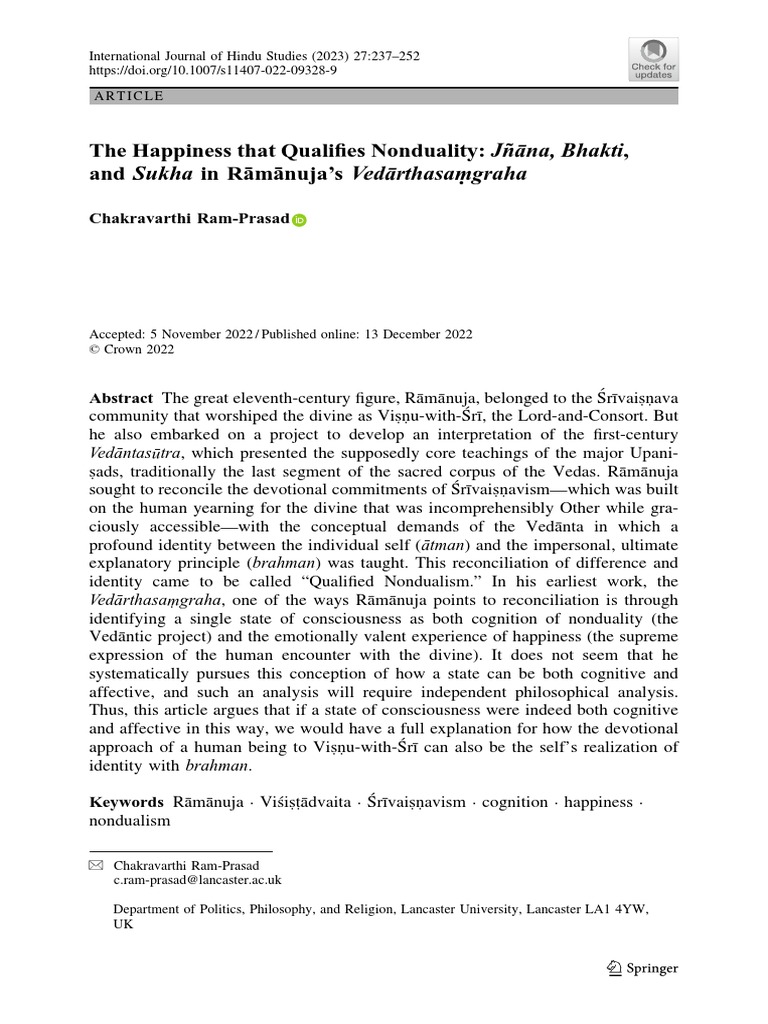 Conocimiento y Felicidad en El Vedarthasamgraha de Ramanuja | PDF