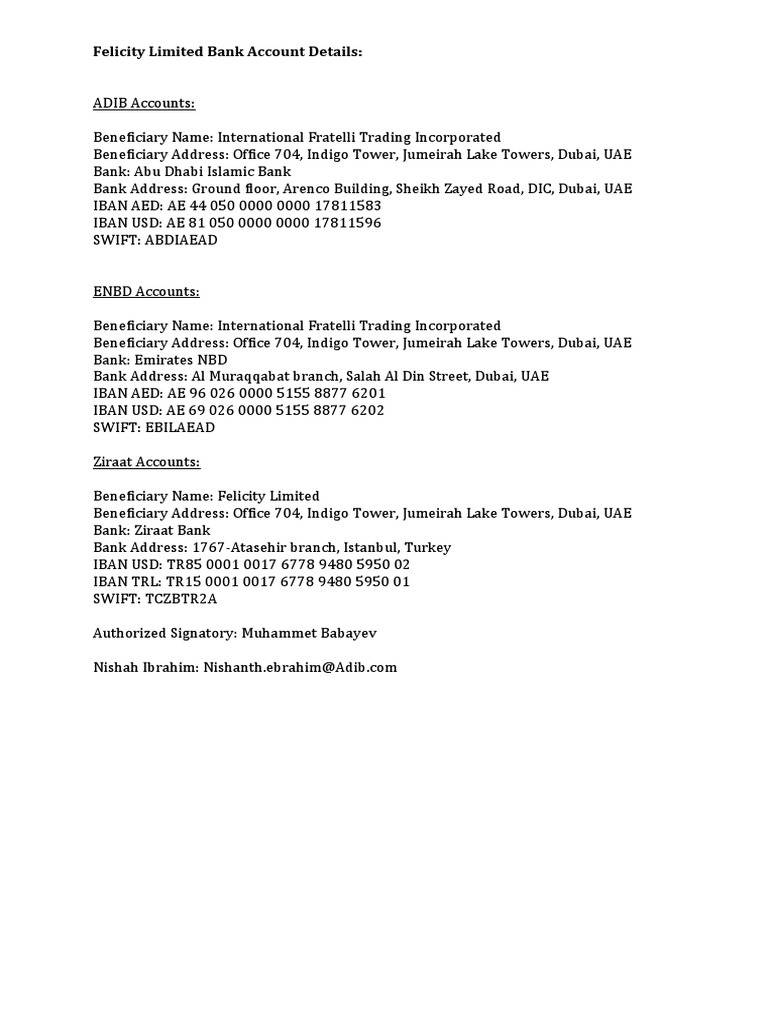 Adib - Enbd - Ziraat - Bank Account Details | PDF