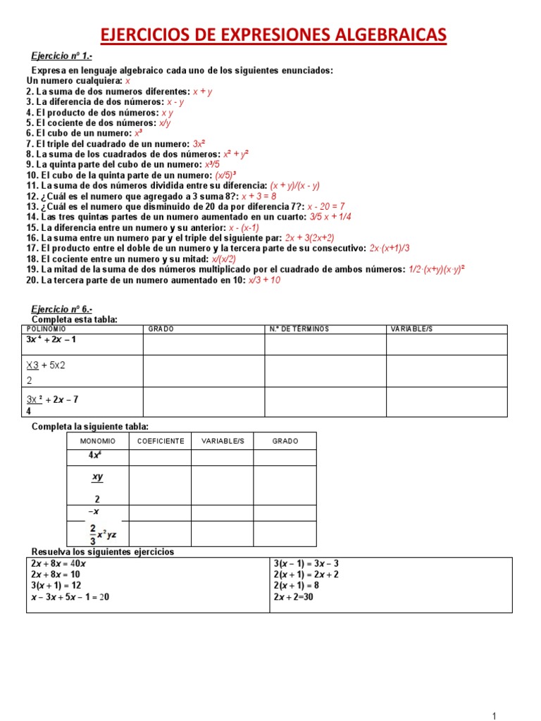 Ejercicios de Expresiones Algebraicas | PDF