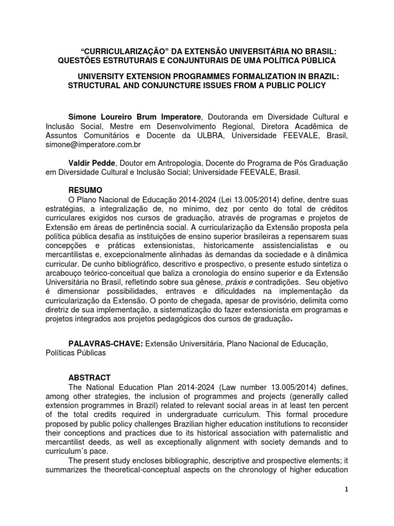 1 Artigo Curricularizaca Da Extensao Universitaria No Brasil | PDF | Universidade | Brasil
