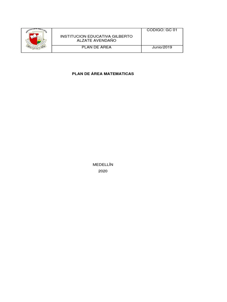 Plan de Area Matematicas 2020 | PDF
