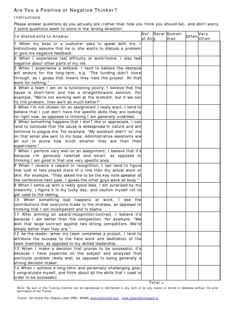 Positive vs Negative Thinking Assessment | PDF