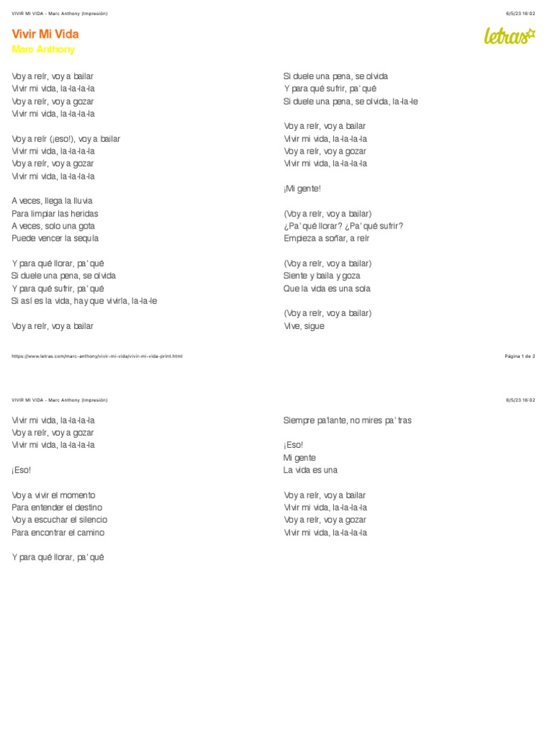 VIVIR MI VIDA - Marc Anthony (Impresión) | PDF | Poesía