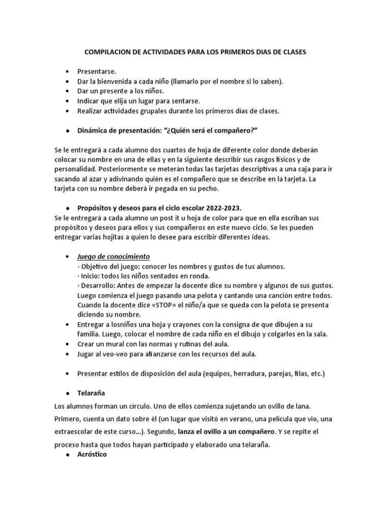 Actividades para el Primer Día de Clases | PDF