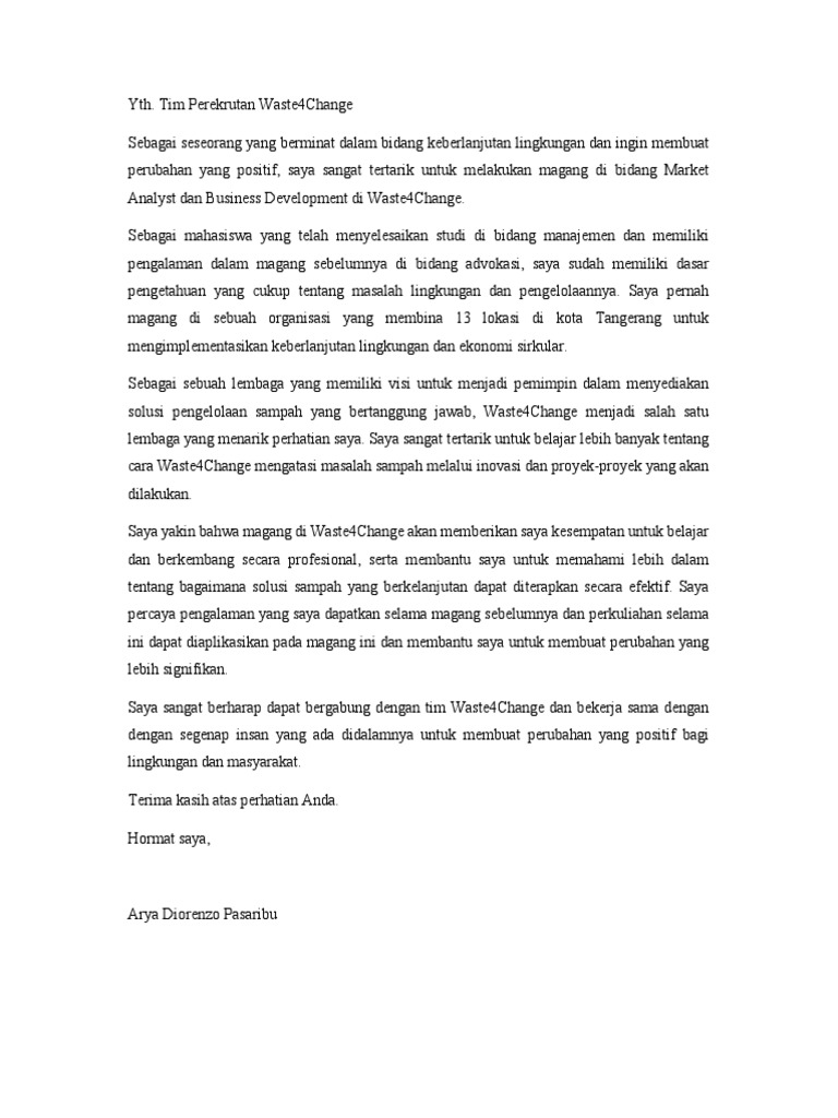 Motivation Letter - Market Analyst Dan Business Development Intern Waste4Change | PDF