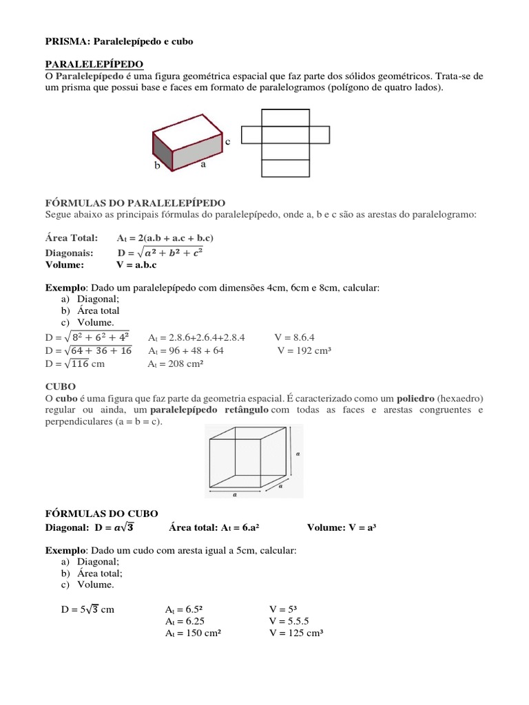 Fórmulas de Paralelepípedo e Cubo | PDF