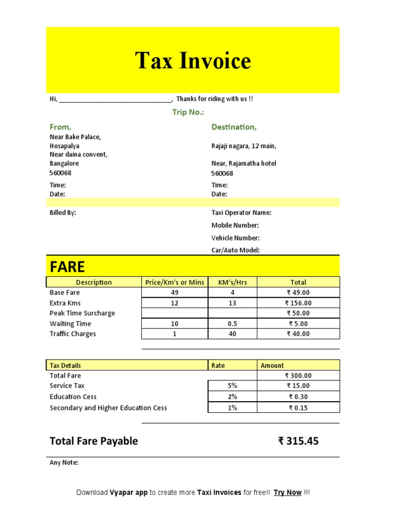 Bangalore Taxi Fare Invoice | PDF