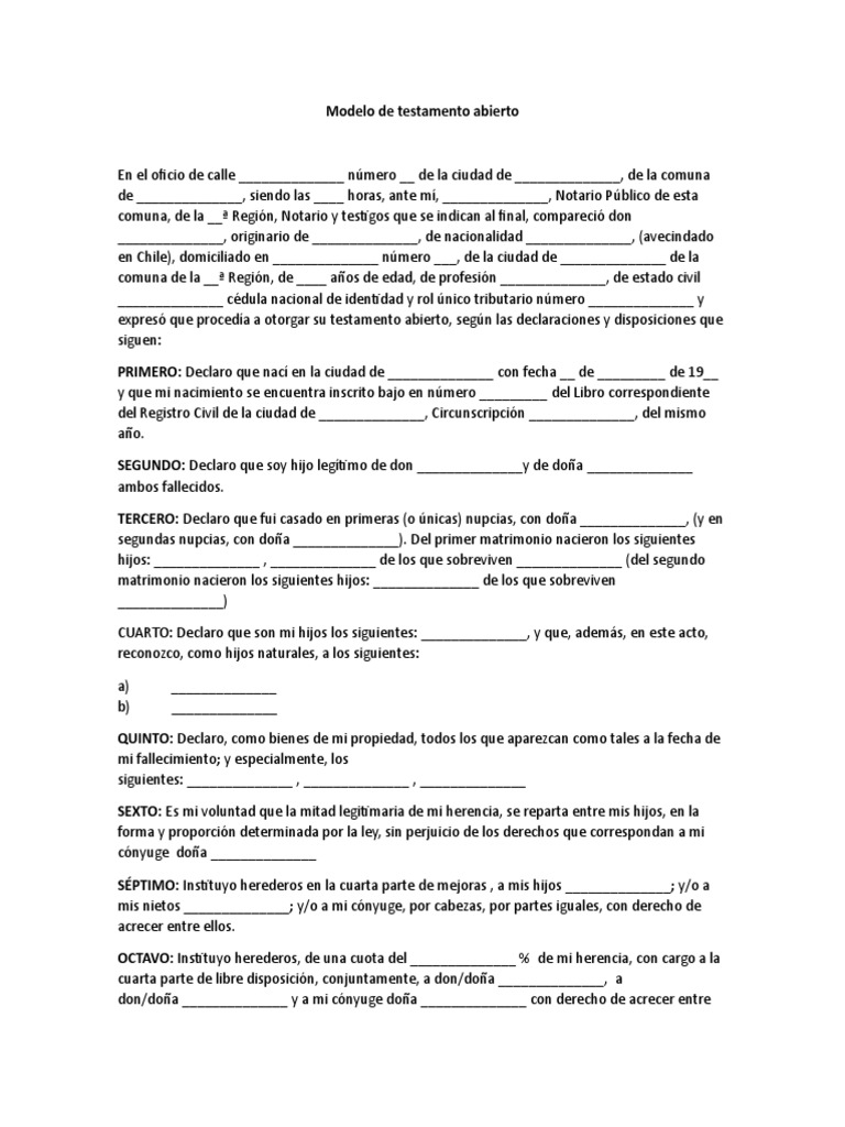 Modelo de Testamento Abierto | PDF | Herencia | Derecho Civil (Common Law)
