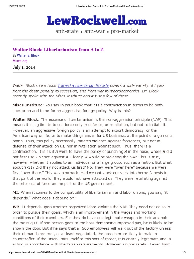 Block - Libertarianism From A To Z | PDF