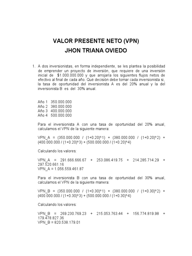 Ejercicios de Valor Presente Neto-V5 | Descargar gratis PDF | Economía Financiera | Inversiones