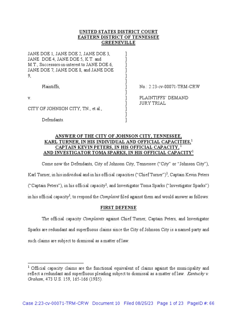 Johnson City Answer To Jane Doe Lawsuit | PDF | Complaint | Negligence