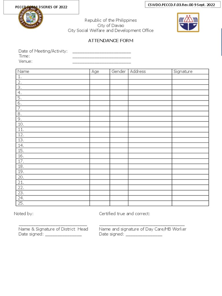 Davao City Attendance Form Template | PDF
