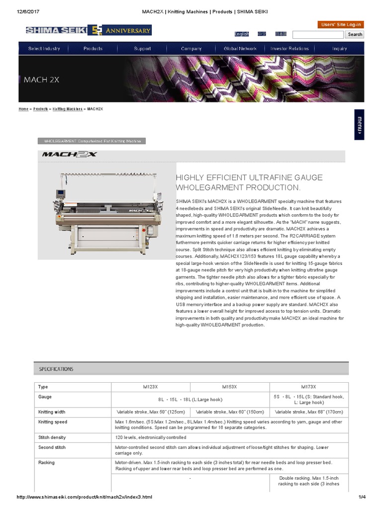 Shima Seiki MACH XS153 | PDF | Knitting | Gauge (Knitting)