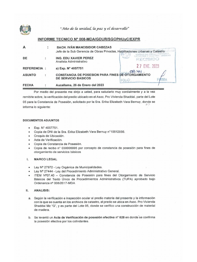 8 Informe Tecnico Nº008-2023-Constancia de Posesion Exp. 4057751-Asoc. Shaddai MZ G LT 05 | PDF