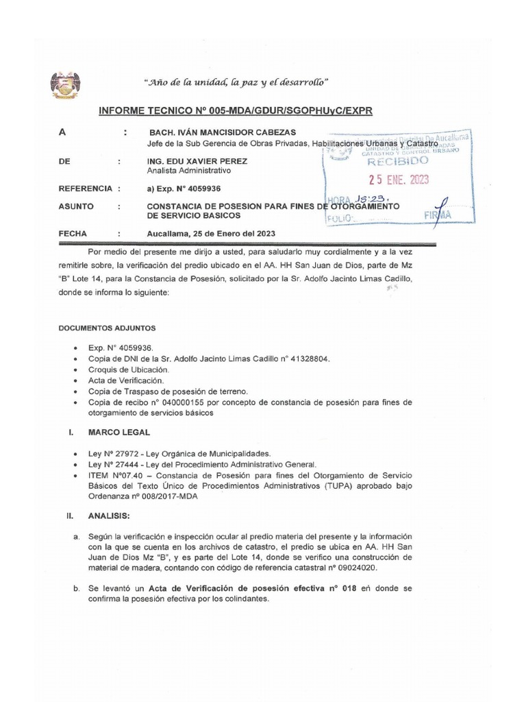 5 Informe Tecnico Nº005-2023-Constancia de Posesion Exp. 4059936-Aa - HH San Juan de Dios MZ B ...