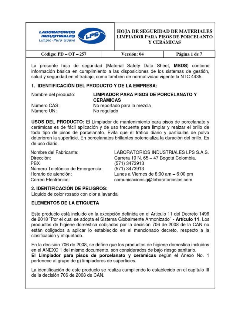 Hoja de Seguridad All Cleaning 2 | PDF