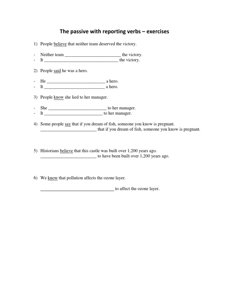Exercise The Passive With Reporting Verbs | PDF