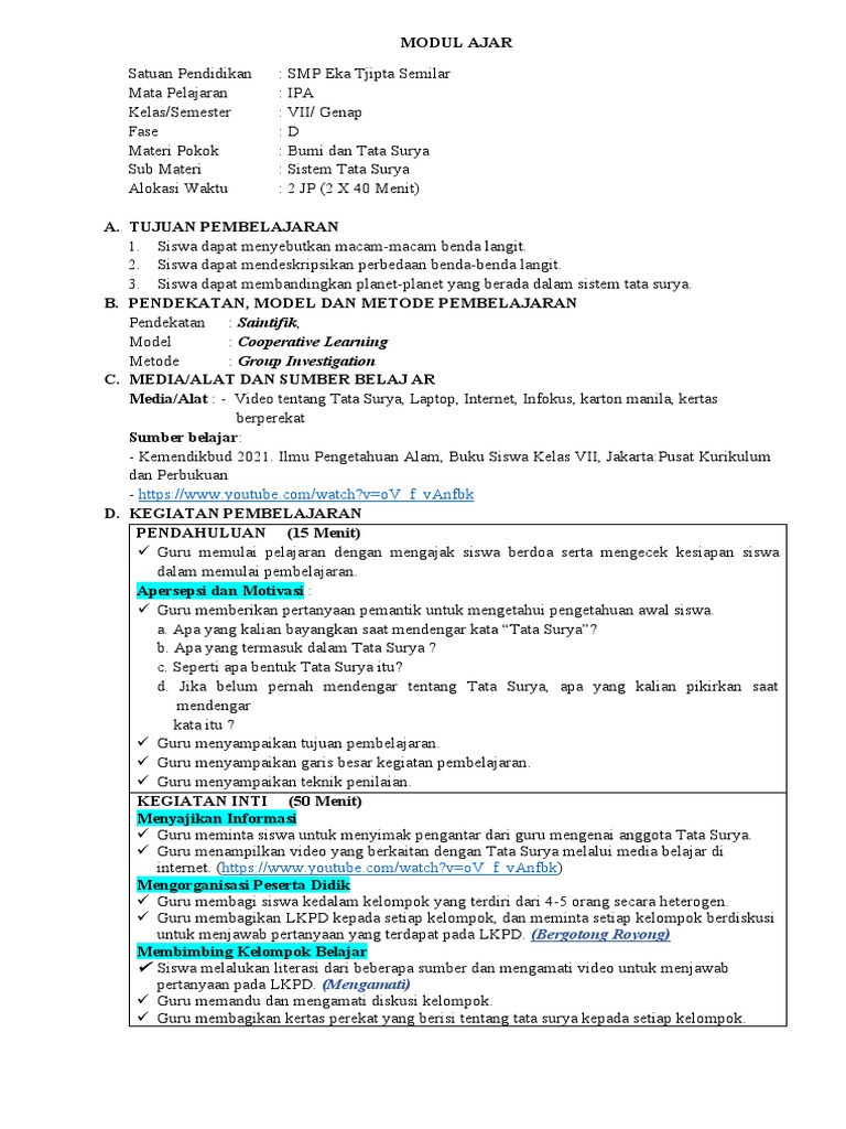 Modul Ajar Bumi Dan Tata Surya Pertemuan 1 Pdf