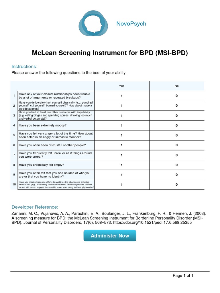 Msi BPD Borderline Personality Disorder Assessment Blank Form | PDF
