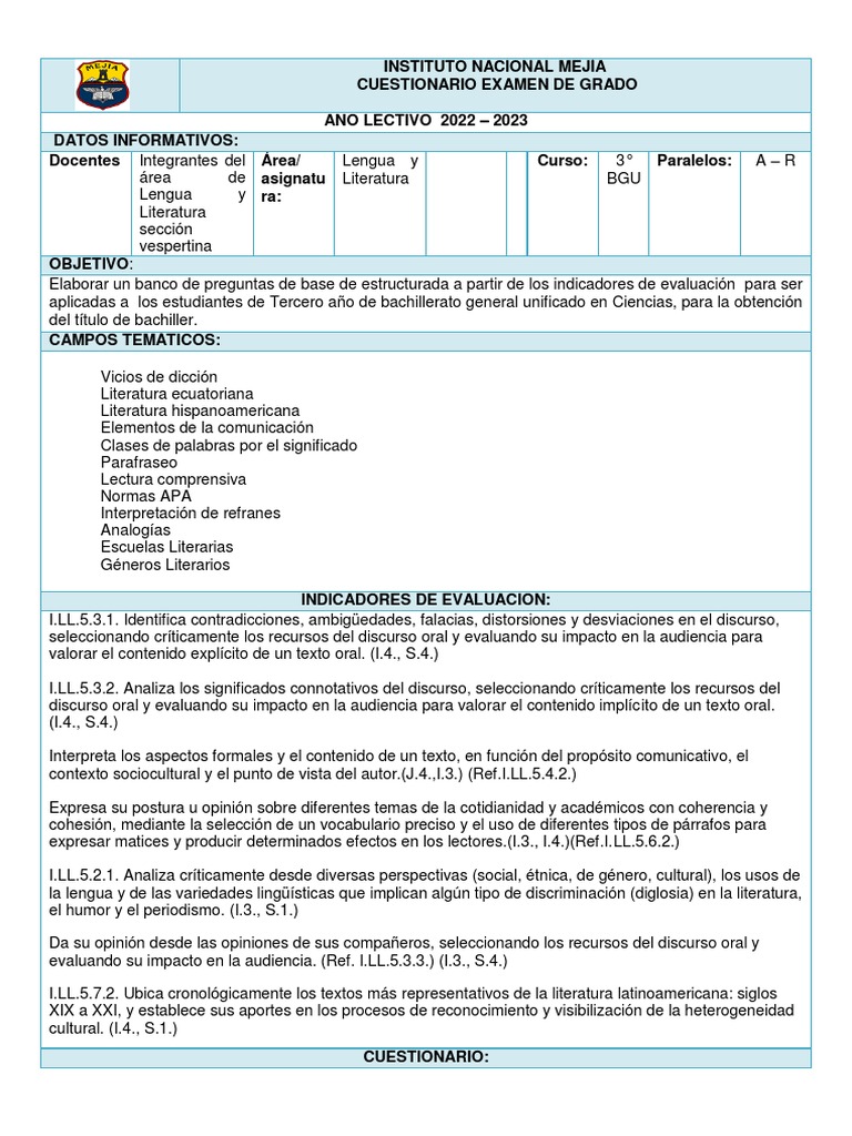 Cuestionario Examen Grado Lyl 22-23 Alumnos | PDF