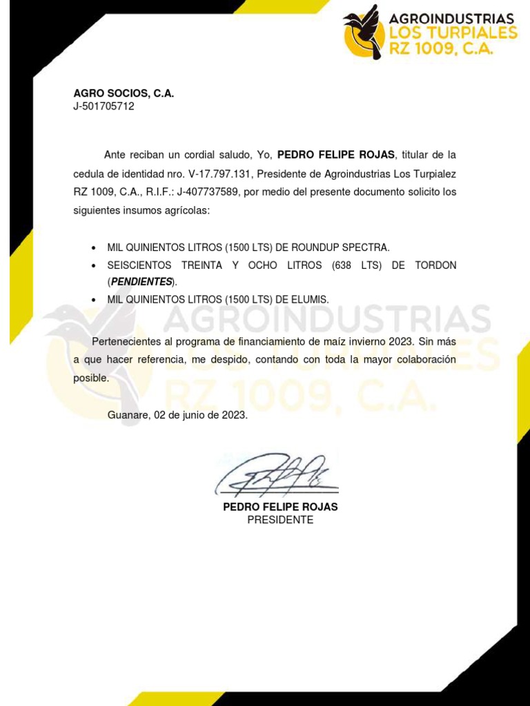 Solicitud de Insumos Agricolas | PDF