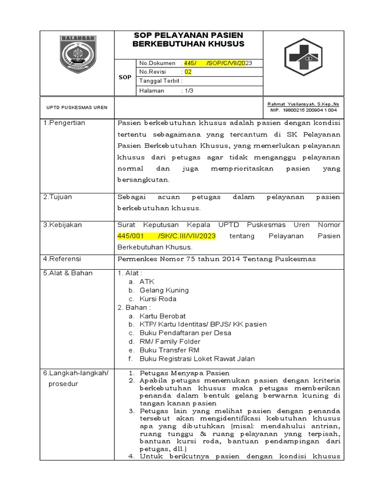 3.1.1.1 SOP Pasien Berkebutuhan Khusus | PDF