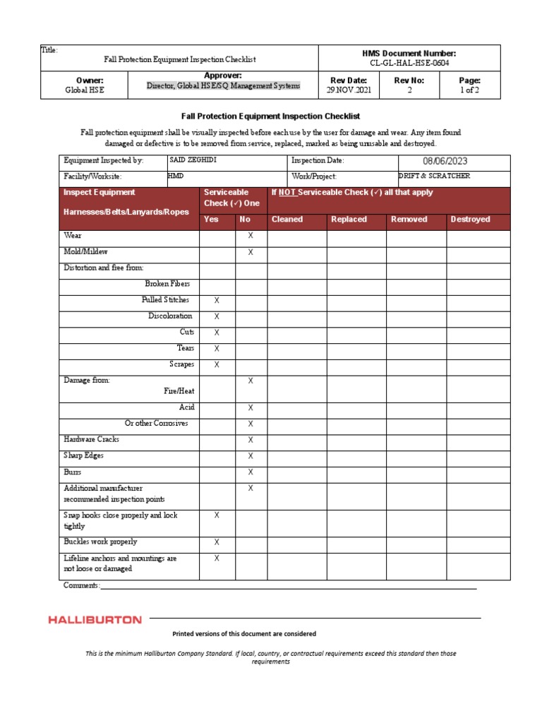 8-Fall Protection Equipement Insection chekclist-CL-GL-HAL-HSE-0604 ...