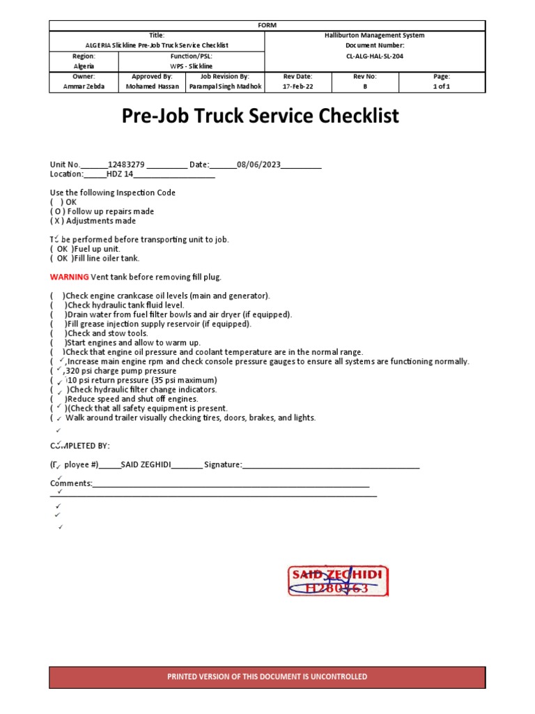 5-PPrejob-Truck Service checklist-FO-ALG-HAL-SL-204 | PDF
