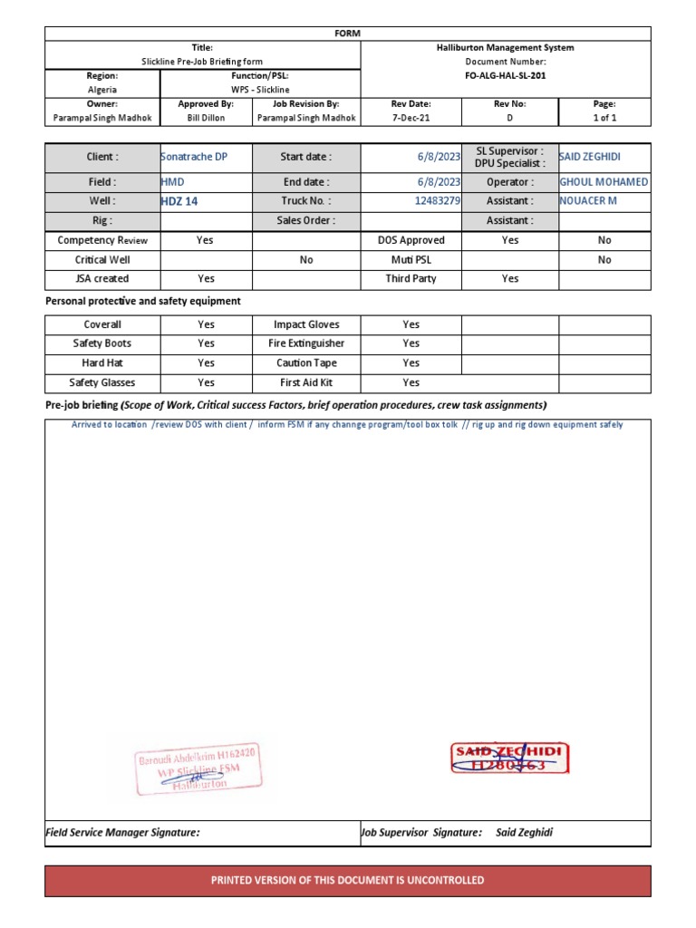 2-FO-ALG-HAL-SL-201 - Rev-D - Slickline Pre-Job Briefing Form (3 | PDF