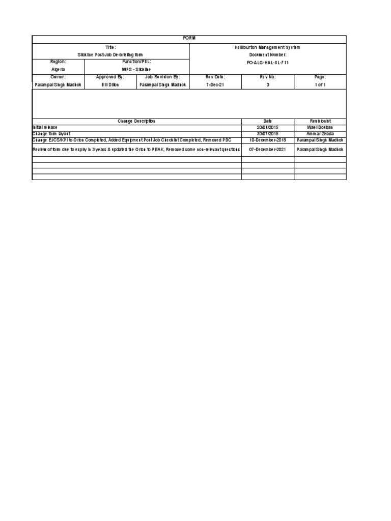 12-FO-ALG-HAL-SL-711-Rev-D - Slickline Post-Job De-Briefing Form (1 | PDF