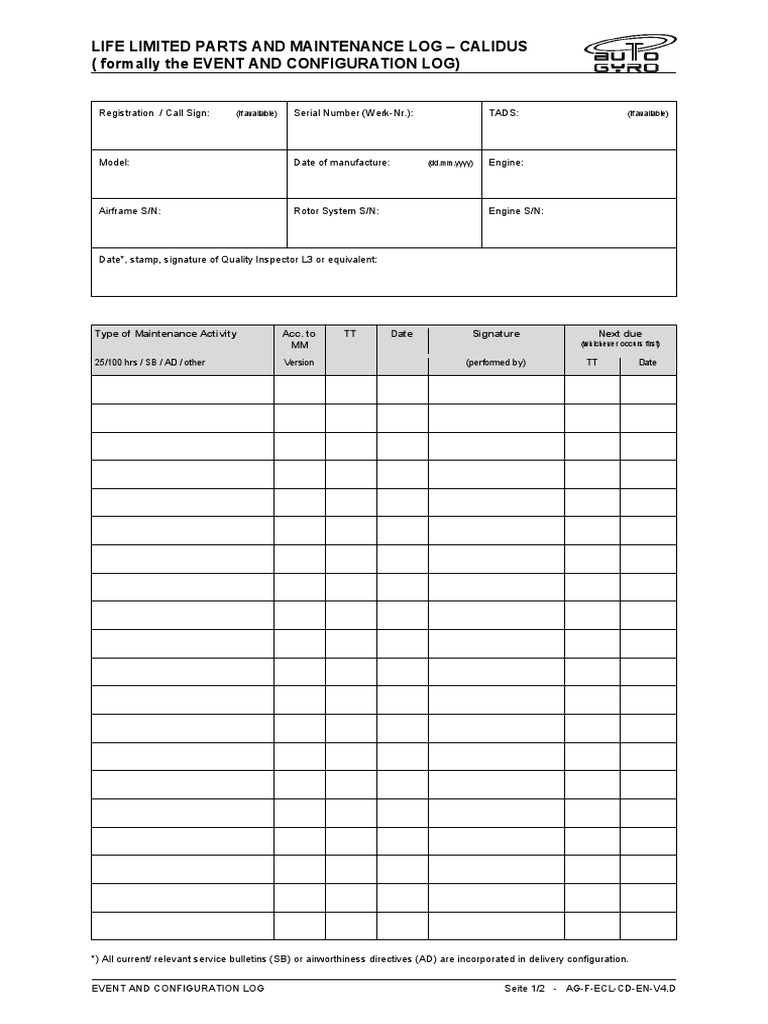 Life Limited Parts Maintenance Log | PDF