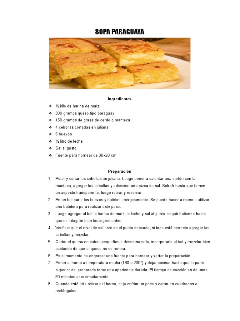 Ingredientes y preparación de sopa paraguaya | PDF