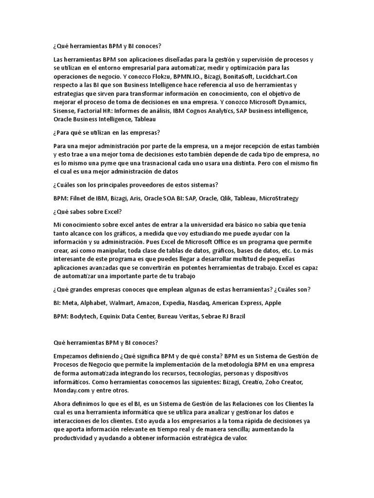 Herramientas BPM y BI en Empresas | PDF
