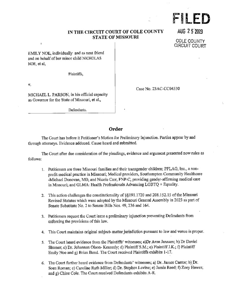 Noe v. Parson - Order Regarding Petition For Preliminary Injunction | PDF