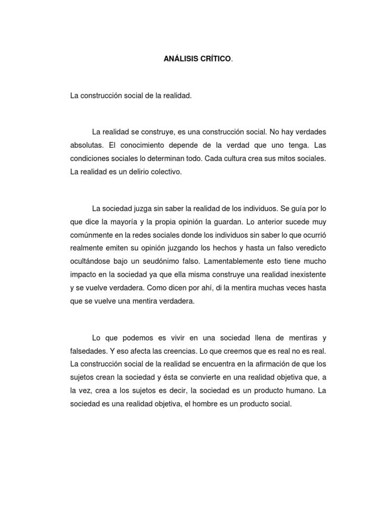 Análisis Crítico de La Construcción Social de La Realidad. | PDF | Realidad | Certeza