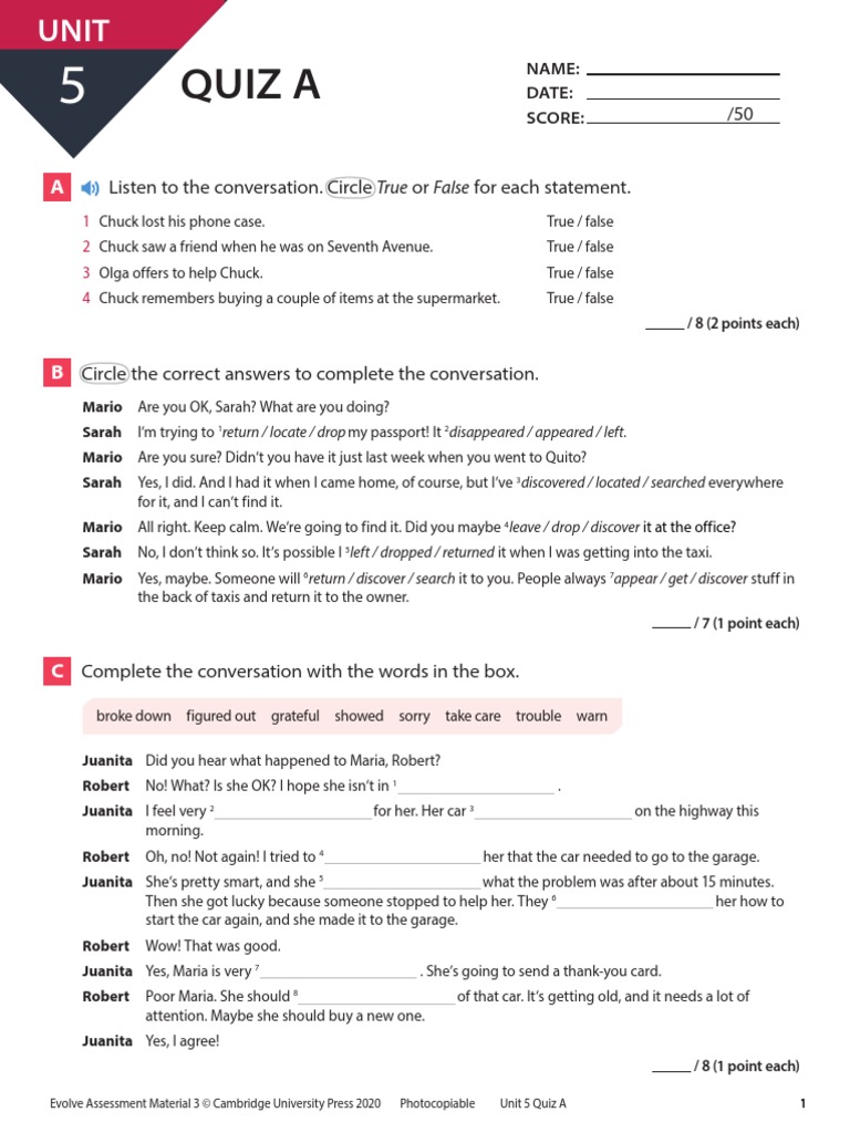 Evolve - L3 - Unit 5 Quiz - A | PDF Evolve - L3 - Unit 5 Quiz - A | PDF