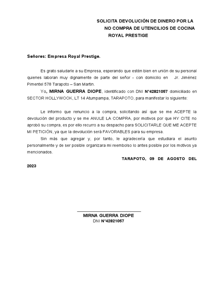 MODELO DE Devolución | PDF