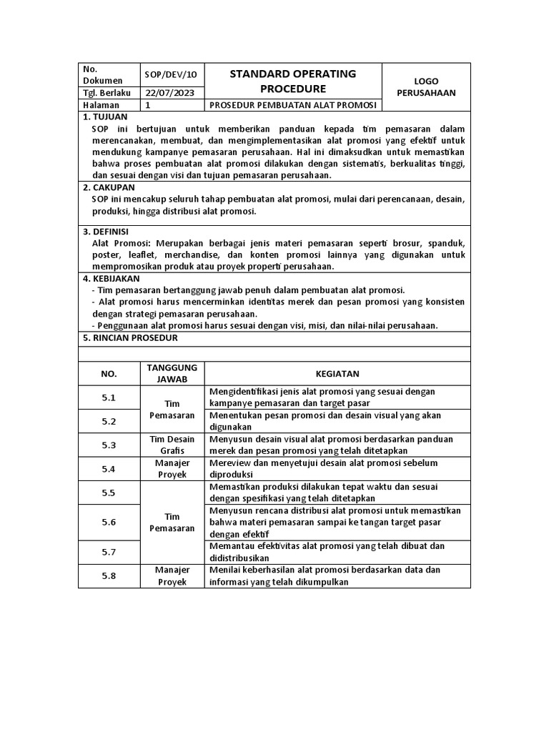 SOP Pembuatan Alat Promosi | PDF