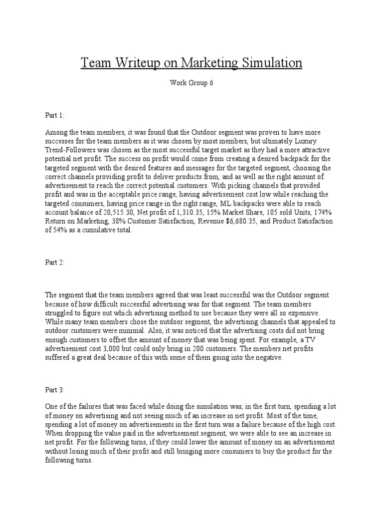 Team Writeup On Marketing Simulation | PDF