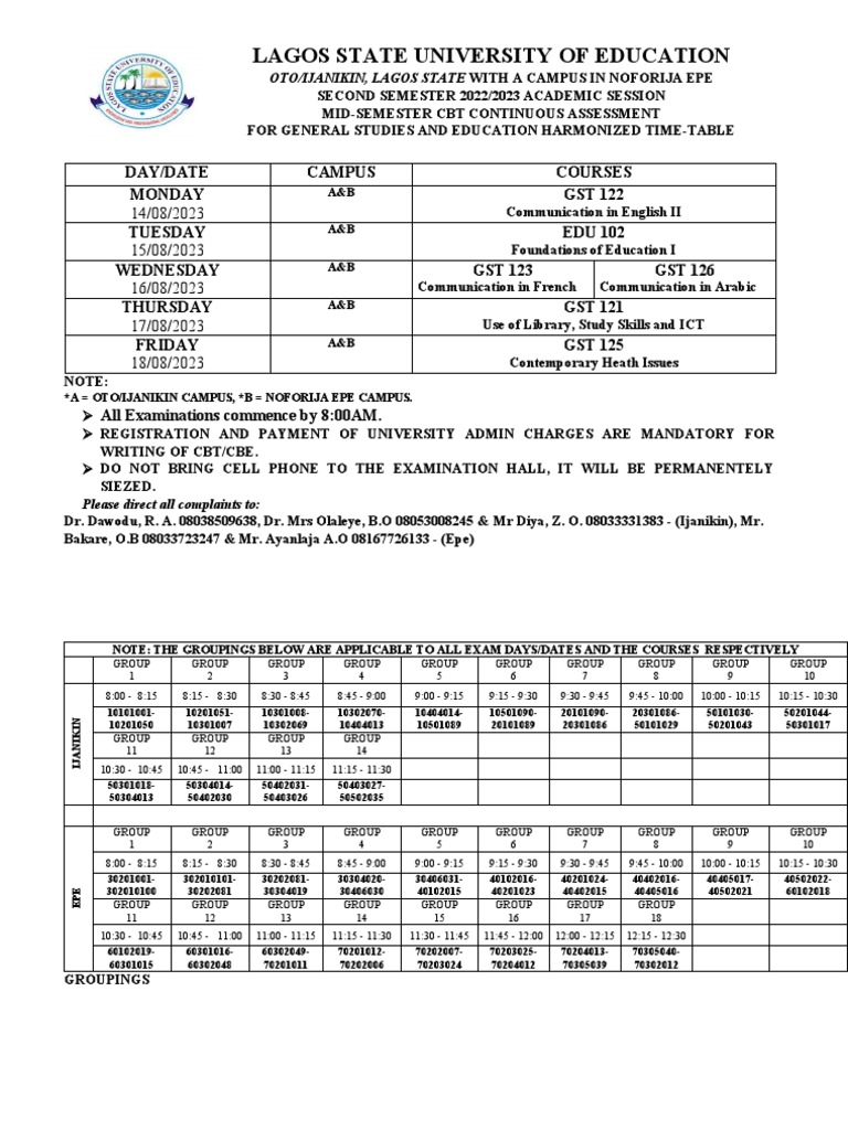Lasued 22.23 2nd Semester CBT Timetable and Groupings-1 | PDF | Schools | Educational Institutions