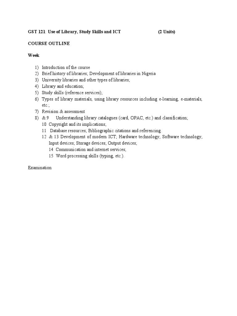GST 121 Course Outline-1 | PDF | Libraries | Schools
